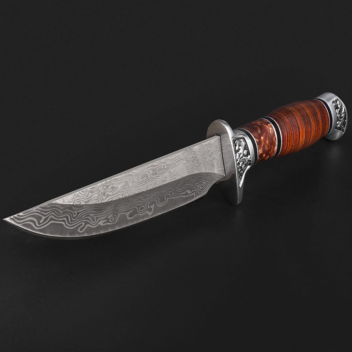 Link Knife 11 Inch Manual Damascus Hunting Knife with Wooden Handle, Men's Fixed Blade Survival Knife with Leather Sheath
