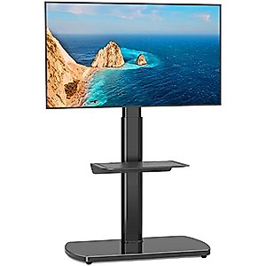 TVON Universal Floor TV Stand with Swivel Mount for 32-65 Inch TVs, TV Mount Stand for Bedroom and Corner with Height Adjustable Shelf and Tempered Glass Base, Black