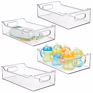 mDesign Wide Plastic Nursery Storage Container Bins with Handles for Organization in Cabinet, Closet or Cubby Shelves - Organizer for Baby Food, Bibs, Formula, and Burp Cloths - 4 Pack - Clear