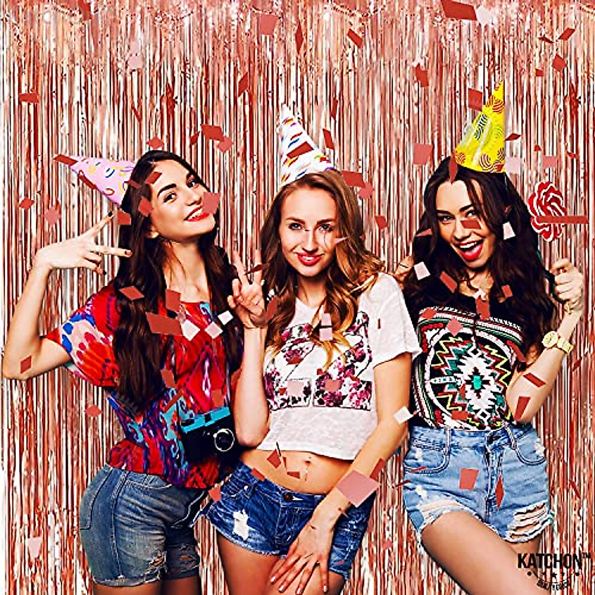 Big 3 Pieces Rose Gold Fringe Curtain - 9.6x8 Feet, Rose Gold Streamers | Rose Gold Backdrop for Birthday Party | Rose Gold Tinsel Backdrop, Rose Gold Party Decorations, Bachelorette Party Decorations