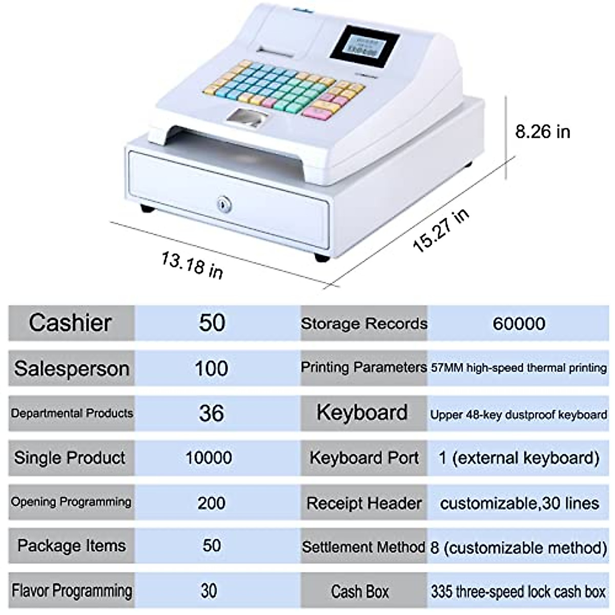 Pos System Cash Register,48-Keys LED Display Electronic Cash Register with Removable Cash Tray and Thermal Printer,Multifunction Cash Register for Small Business/Retail/Restaurant