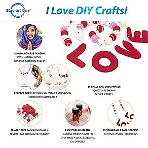 Glaciart One Felt Ball Garland Valentine - 7-Foot Decorative Wool Wall and Window Home Decor - Red, Pink, White, Swirl Balls for Valentines, Wedding, Baby Shower Party - 36 Balls, Love Banner