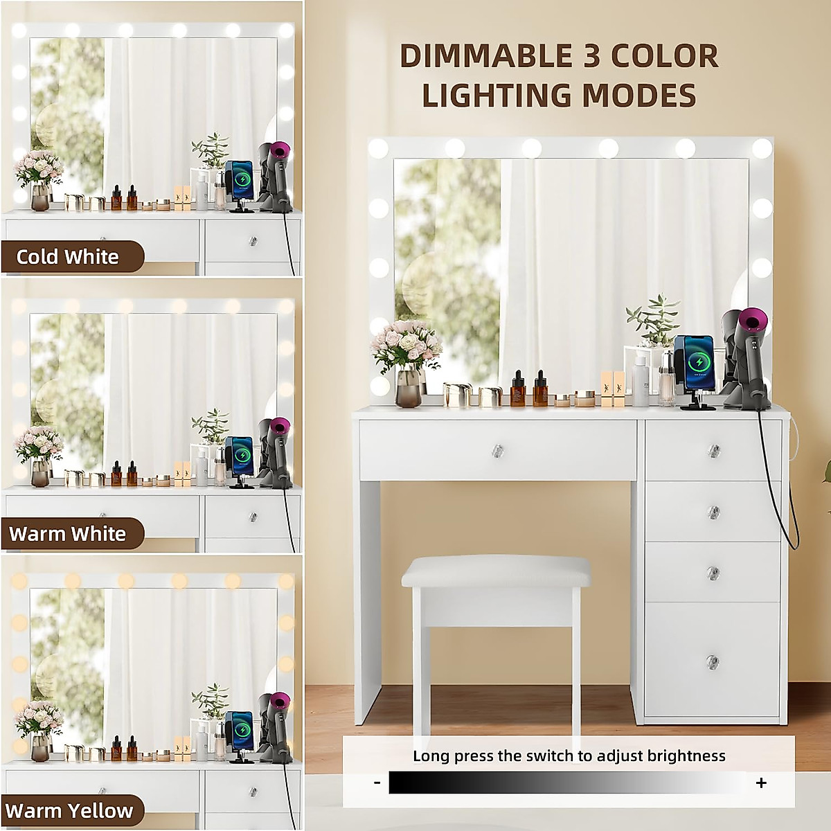 Makeup Vanity Desk with Lighted Mirror & Power Outlet & 5 Drawers, Vanity Table with 3 Lighting Modes Brightness Adjustable, Sliding Storage, White Vanity Set for Bedroom