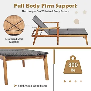 Tangkula Patio Lounge Chair, 4-Position Adjustable Recliner with Fully Flat Position, Outdoor PE Wicker Chaise Lounge with Acacia Wood Frame for Poolside, Backyard, 800 LBS Max Load (1, Mix Brown)