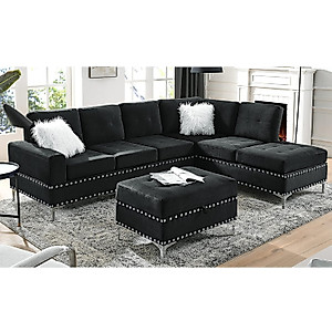 Yoglad L Shaped Furniture Set, 5-Seater Sectional Sofa with Reversible Chaise, Corner Sofa Set with Ottoman, for Apartment, Living Room, No Assembly Require (107.5 Inch Chenille, Red)