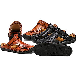 MIXSNOW Mens Leather Sandals Summer Casual Water Shoes Walking Outdoor Beach Travel Slippers （Black 46）