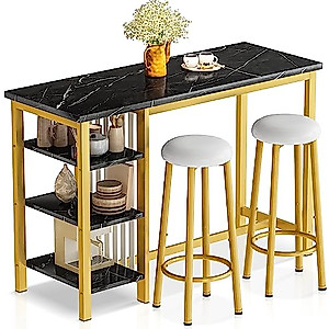 AWQM Home Bar Table Set of 2 with Storage Shelves, 47" Black Faux Marble Dining Set with Upholstered Leather Bar Height Stools, 3-Piece Kitchen Table for 2 People, Space Saving Table (Black & Gold)