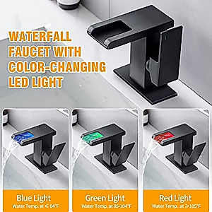 BESy LED Stainless Steel Waterfall Black Bathroom Faucet, Single Hole Bathroom Sink Faucet, 3 Colors Light Changing Single Handle Vanity Faucets with Supply Lines, Rv One Hole Faucet, Matte Black