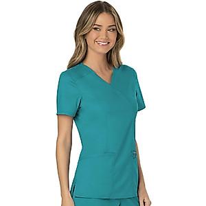Cherokee Scrubs for Women Mock Wrap Top with 3 Pocket, Back Princess Seams WW610, L, Teal Blue