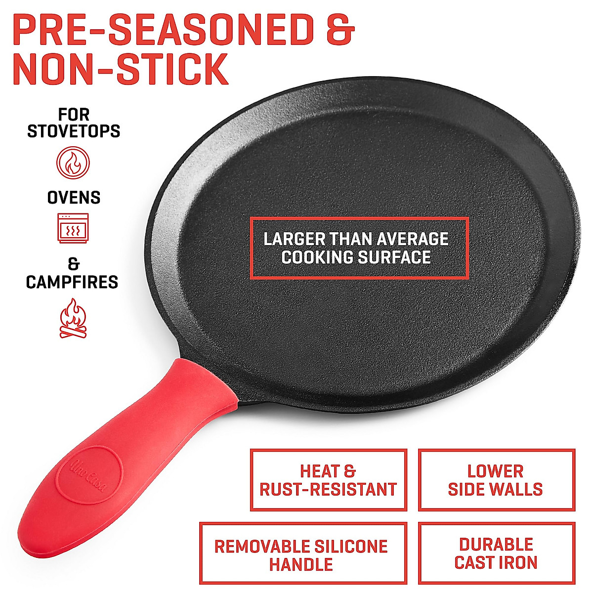 Uno Casa Cast Iron Tortilla Press 10 Inch with Cast Iron Comal Pan - Bundle of Cast Iron Tortilla Skillet for Roti Pan, Tawa Pan, Dosa Pan & Tortilla Press Pataconera