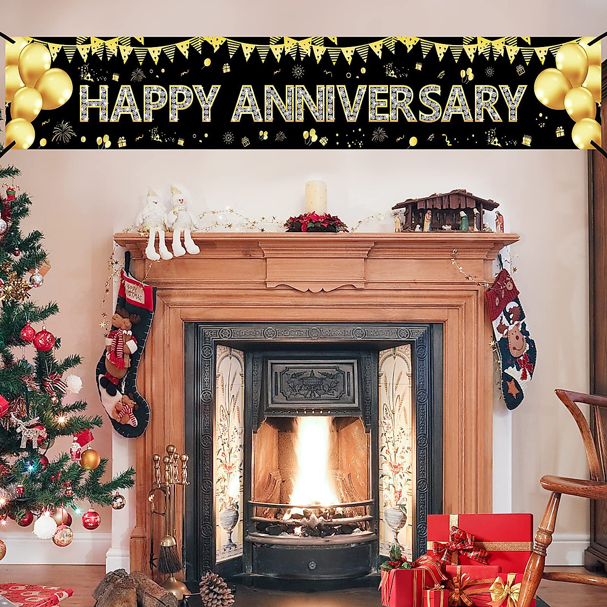 Wedding Anniversary Banner Decorations, Large Happy Anniversary Yard Sign Party Supplies Decor, Black Gold Outdoor 16th/21st/30th/40th Anniversary Decorations Photo Booth Props(9.8 X 1.6ft)