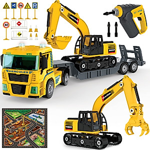 188 PCs Take Apart Excavator and Flatbed Tractor Truck Construction Toys - DIY Building Vehicle Playset Toy w/Drill, Lights & Sounds for Kids, Boys and Girls Ages 5 6 7 8 Years Old