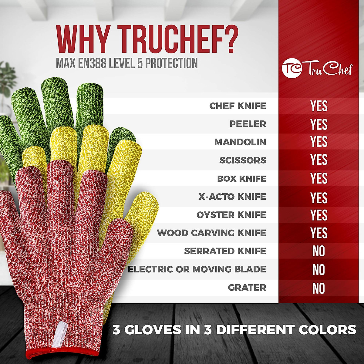 TruChef Cut Resistant Gloves - 3 Pack, Food Grade, Fits both hands, Level 5 Protection, Small