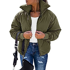 MEROKEETY Women's Long Sleeve Zipper Puffer Jacket Winter Quilted Short Down Coat with Pockets,Green,M