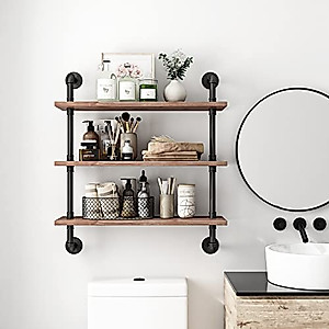 BOSURU Industrial Pipe Shelving Rustic Wood Floating Shelves 3 Tiers Modern Wall Mount Bookshelf(Black,32 inch)