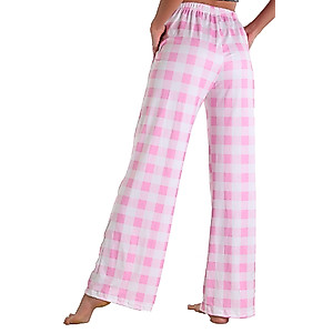 X-Image Women Casual Comfy Elastic Waist Summer Beach Pants with Pockets Loose Wide Leg Cozy Pants Yoga Sweatpants Pink Plaid, S