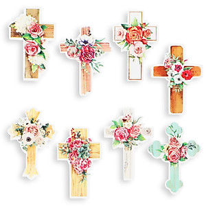 Faithful Finds 500 Piece Floral Cross Stickers, Christian Cross Stickers for Scrapbooking, Religious Stickers Roll with 8 Floral Design, Mini Catholic Cross Stickers for Crafts and Cards, 1 x 1.5 Inch
