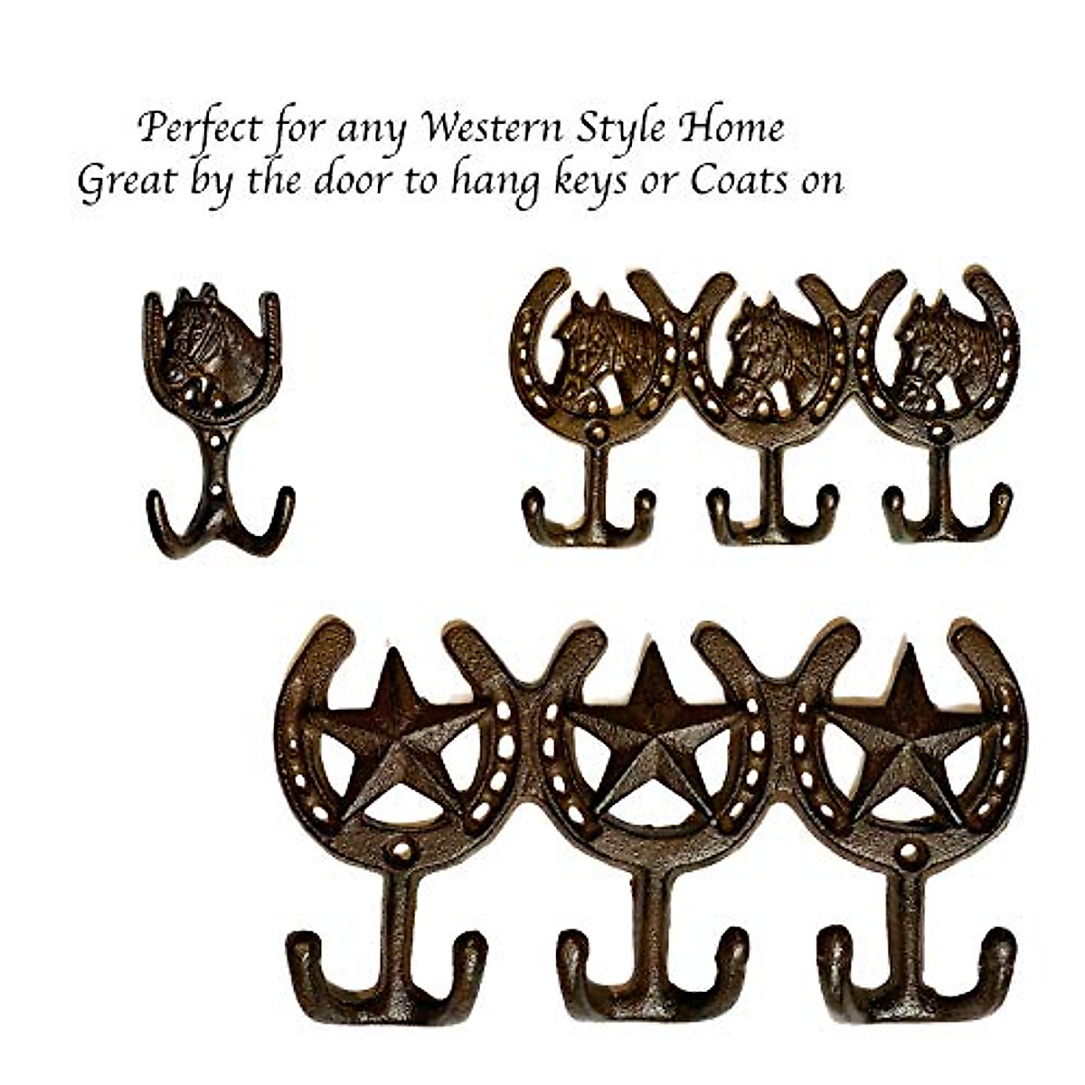 Urbalabs Western Cast Iron Rustic Country Wall Hooks Coat or Key Holder Wall Hook Mounted Decorative for Hats, Coats, Keys, Towels, Mudroom, Entryway, Mancave Bronze (Western 6 Shooter Star and Hat)