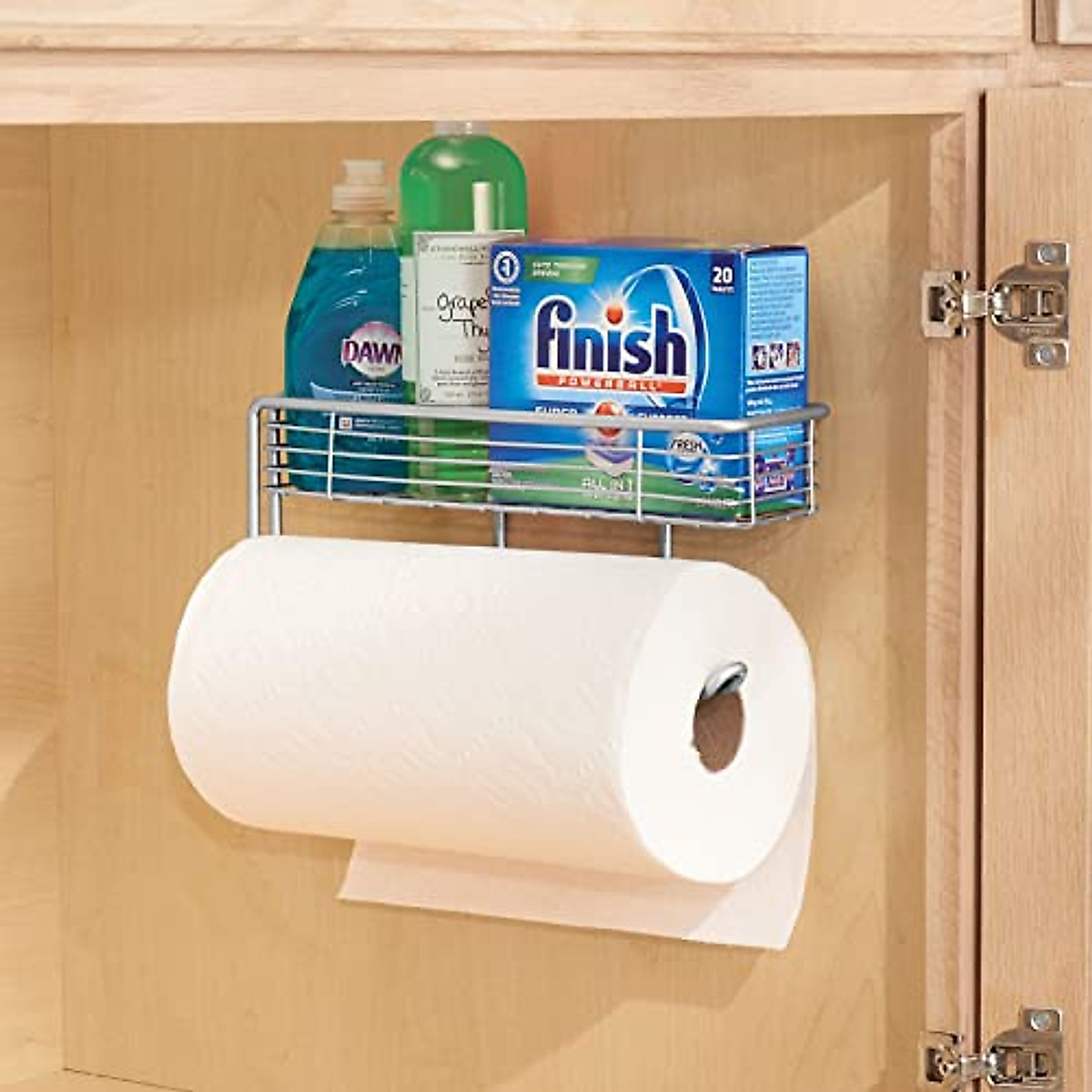 mDesign Wall Mount Metal Paper Towel Holder with Storage Shelf for Kitchen, Pantry, Laundry, Garage Organization - Shelf Holds Spice Bottles, Glass Jars, Oils and Vinegars - Chrome