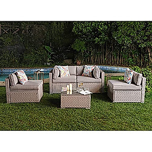 COSIEST 5-Piece Outdoor Furniture Set Warm Gray Wicker Sectional Sofa w Thick Cushions, Glass Coffee Table, 4 Floral Fantasy Pillows for Garden, Pool, Backyard