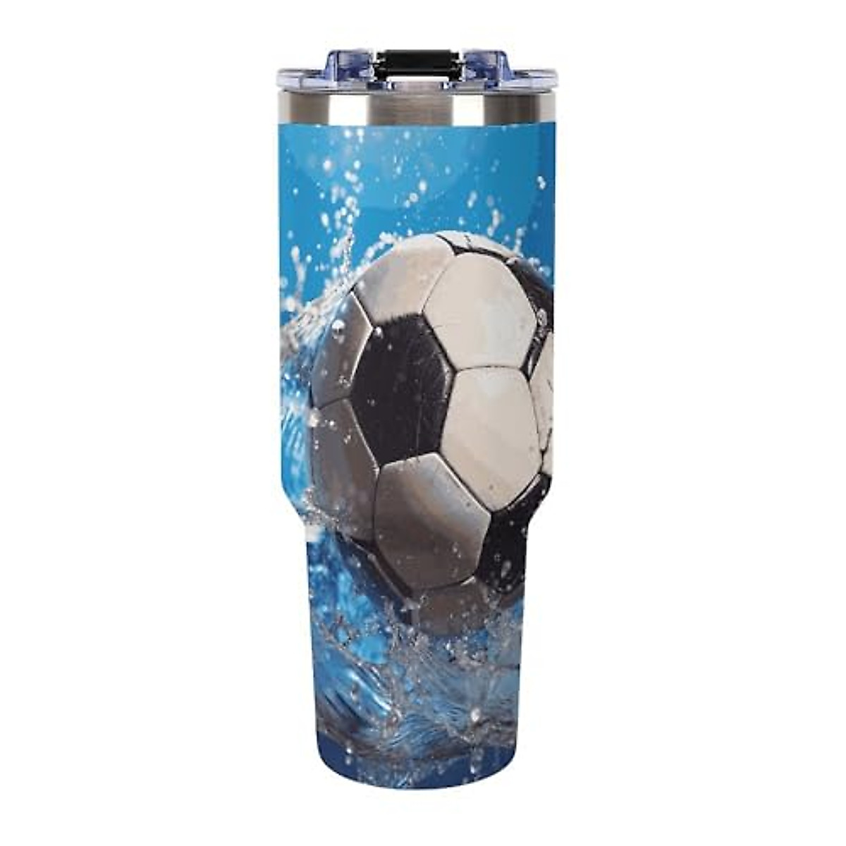 LLUTSNTH 40 Oz Vacuum Tumbler with Light Rose Red Handle Leakproof Insulated Tumbler Soccer Ball Water Stainless Steel Travel Mug with Lid And Straw Coffee Cup Cute Water Bottles Cup Holder Friendly