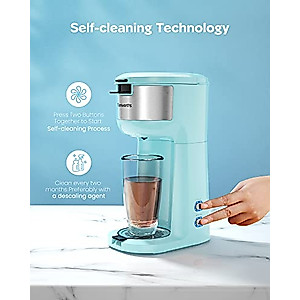 Famiworths Single Serve Coffee Maker for K Cup and Ground Coffee, 6 to 14 Oz Brew Sizes, Fits Travel Mug, Mini One Cup Coffee Maker with Self-cleaning Function, Cyan