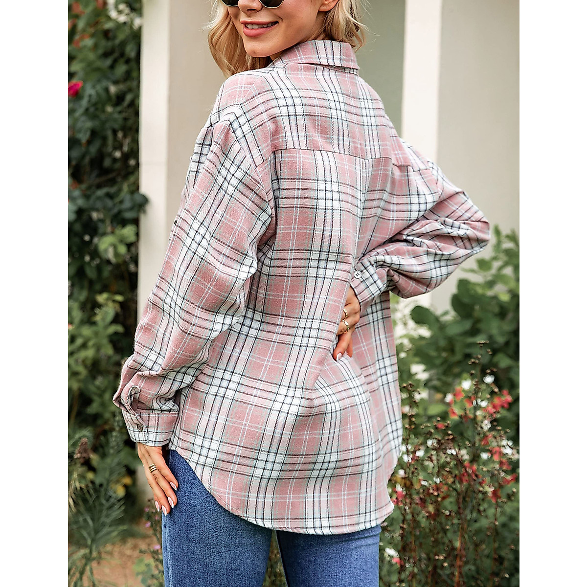 Lumister Oversized Flannel Shirt Women Long Sleeve Plaid Button Down Buffalo Shirt Blouse Tops with One Pocket(0405-Pink-L)