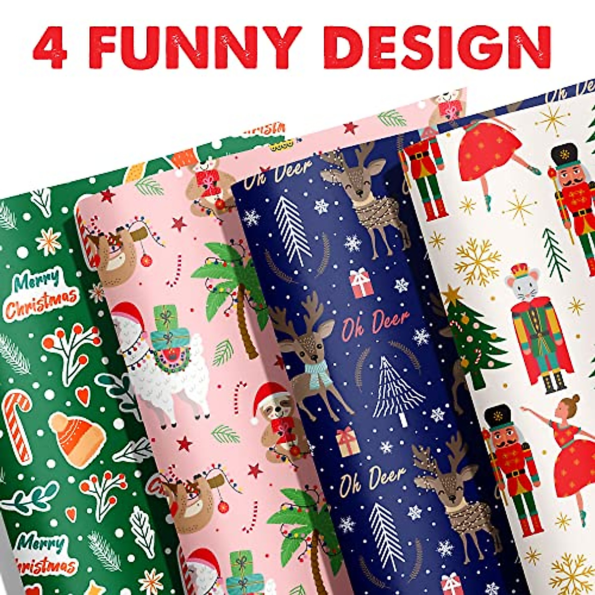 ZINTBIAL Christmas Wrapping Paper for Kids Boys Girls Baby Men Women - Holiday Gift Wrapping Paper Bundle Including Deer, Stockings, Snowflake, Nutcracker, Sloth - 29 x 42 Inches per Sheet (4 Jumbo Sheets) - 100% Recyclable, Easy to Store Not Roll