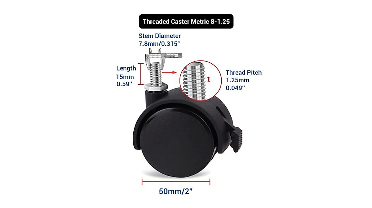 Guildrey M8-1.25 Swivel Stem Caster Wheels - Set of 4