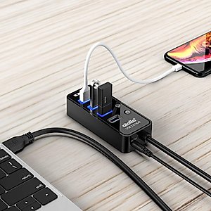 Powered USB Hub Long Cord, atolla USB 3.0 Hub 4 + 1 Data Transfer and Charging Multiport with Power Supply Adapter 15W (5V/3A) and 3.3ft Meter USB 3 Extension Cable