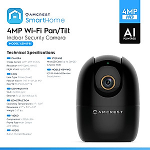 Amcrest 4MP WiFi Camera Indoor, Dog Camera, Sound & Baby Monitor, Human & Pet Detection, Motion-Tracking, w/ 2-Way Audio, Pan/Tilt Wireless IP Camera, Night Vision, Smart Home ASH41-B