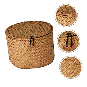 GARVALON Round Wicker Basket with Lid, 150 oz, Snacks, Cosmetics, Desktop Storage