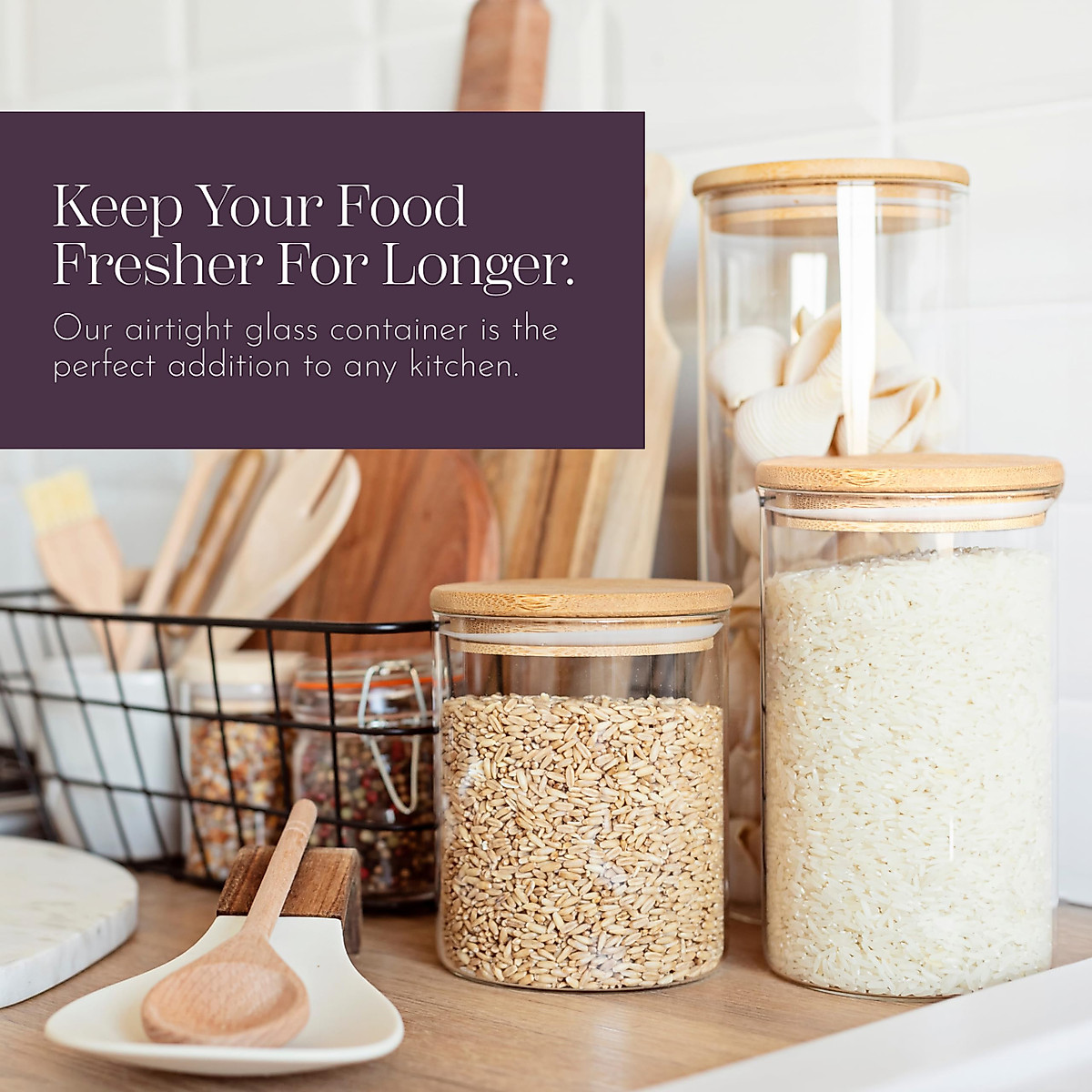 WHOLE HOUSEWARES Glass Jars with Bamboo Lids - 4-Piece Modular Set (33.8oz, 25.4oz, 15.2oz, 11.2oz) with Modern Wooden Lids - Transparent, Fresh & Convenient Air Tight Pantry Storage Containers