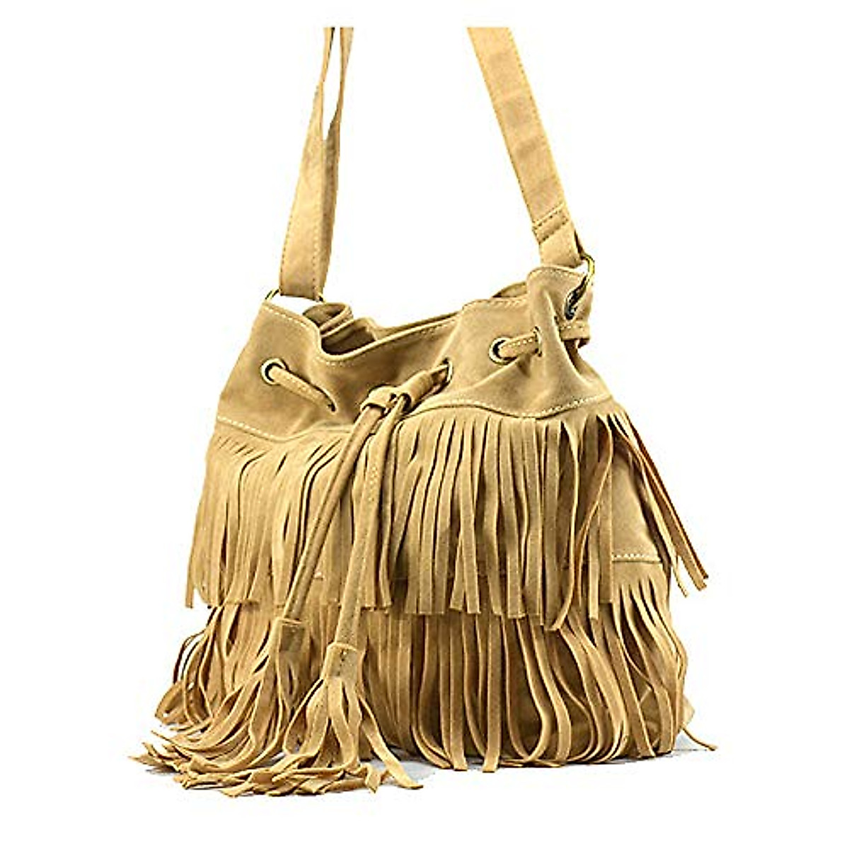 Heidi Women's Fringed Bucket Purse Tassel Faux Suede Shoulder Bag Ring Top-Handle Crossbody Bag Apricot