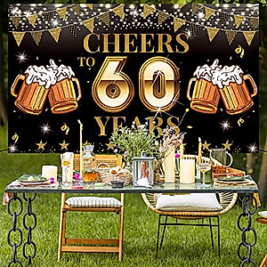 Cheers to 60 Years Backdrop Banner, Happy 60th Birthday Decorations for Men Women, 60th Anniversary Decorations, 60th Reunion, Black Gold 60 Years Celebration Party Decor, Vicycaty (6.1ft x 3.6ft)