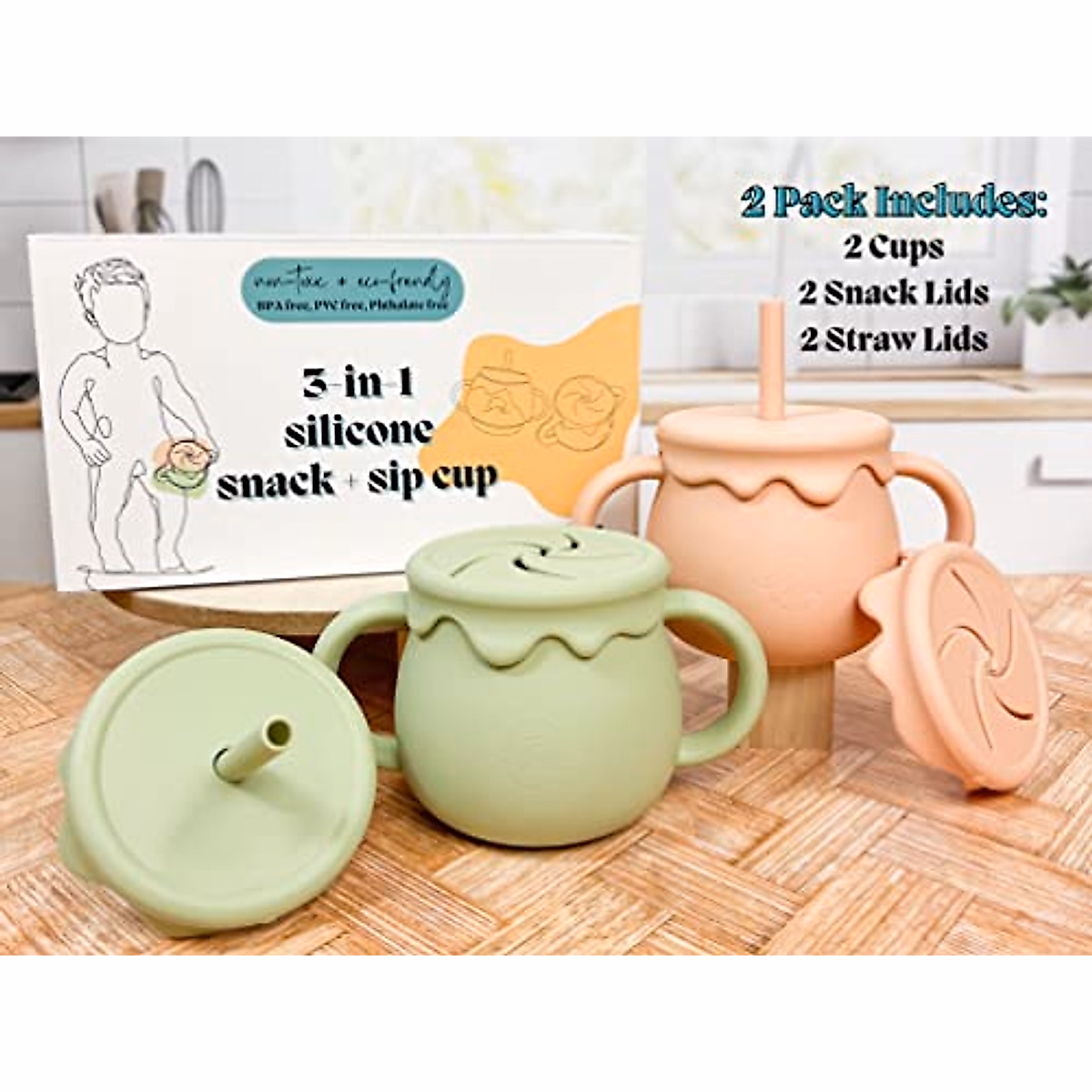 Eco Mama Shop 3-in-1 Silicone Snack/Sippy Cup: Baby Food Storage Containers, Toddler Cups, Snack Containers & Snack Cups for Toddlers 6+ Months, Sippy Cups for Baby 6 Months & Travel Snack Container