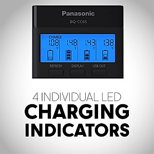 Panasonic K-KJ65K3A4BA Super Advanced 4-Position Quick Charger with LCD Indicator Panel, USB Charging Port and 4AAA eneloop pro Rechargeable Batteries, Black