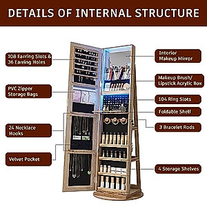FOMNEY 360° Swivel Jewelry Armoire with Mirror, 63" H Full Length Mirror with Storage, Standing Mirror Jewelry Cabinet has LED Lights, Standing Jewelry Organizer/Makeup Shelf for Bedroom (Wood)