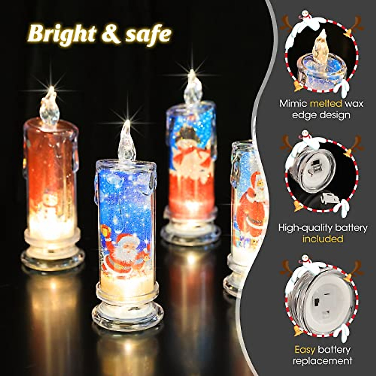 4PCS Christmas Flameless Candles with Santa Claus, Snowman,Decals Set of 4, Battery Operated Christmas Themed LED Candles for Festival Gift Christmas Decorations