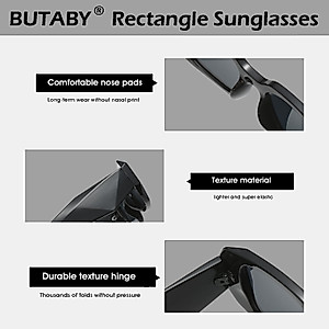 BUTABY Trendy Rectangle Sunglasses for Women Men Retro Sun Glasses Vintage Fashion Square Frame Black & Leopard Brown