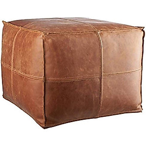 LEATHEROOZE Moroccan Pouf - Genuine Goatskin Leather - Bohemian Living Room Decor - Hassock & Ottoman Footstool - Square & Large Ottoman Pouf - Unstuffed - (Brown)