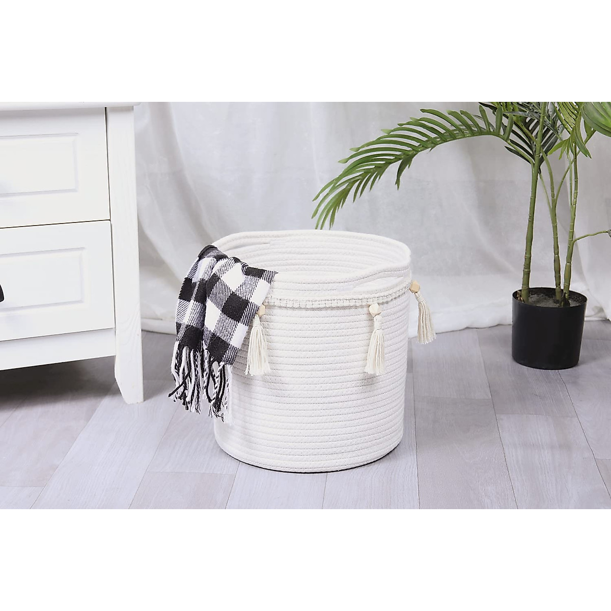 guzhiou Boho Basket with Cute Macrame Woven Tassel, Cotton Rope Storage Bins Organizer for Boho Room Decor,Bedroom Decor,Plant Basket 11"X11"