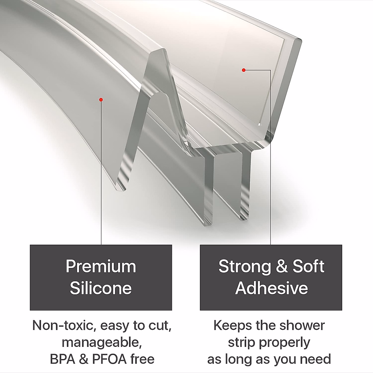 Frameless Shower Door Bottom Seal X-Protector - 40" Shower Door Seal For All Door Thicknesses - Self-Adhesive Shower Door Sweep - Premium Door Bottom Seal Strip - Silicone Glass Shower Door Seal Strip