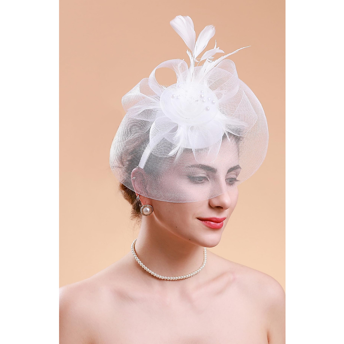 Cizoe Tea Party Fascinator Hats for Womens 50s Headwear with Veil Flower Cocktail Wedding Church Kentucky Derby Hat(02-white)