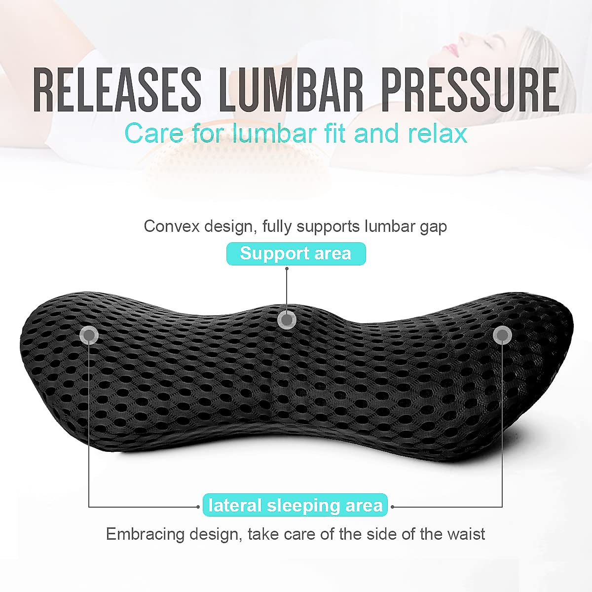 Tengyue Lumbar Support Pillow - Ergonomic Design for Office Chair, Car, and Home - Relieve Back Pain & Improve Posture - (Black)