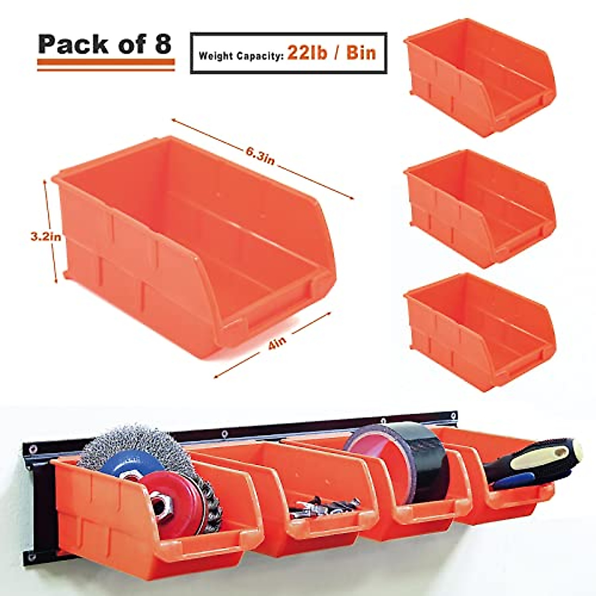 Wallmaster 8-Bin Storage Bins Garage Rack System 2-Tier Orange Tool Organizers Cube Baskets Wall Mount Organizations