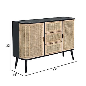 Benjara Dana 47 Inch Wood Sideboard Cabinet, 3 Drawers, Rattan Doors, Modern, Brown and Black