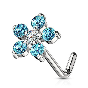 Forbidden Body Jewelry 20g Surgical Steel 6-CZ Crystal Flower L-Shape Nose Ring (Aqua)