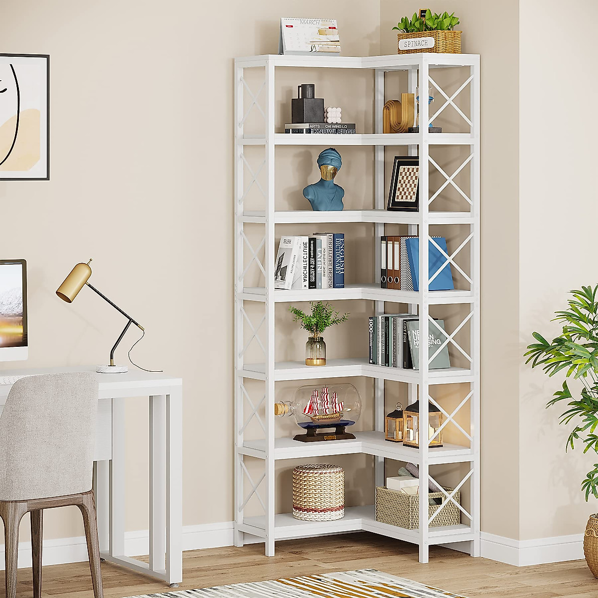 LITTLE TREE 7-Shelf Corner Bookshelf Modern Corner Bookcase Corner Shelf for Living Room Home Office, White