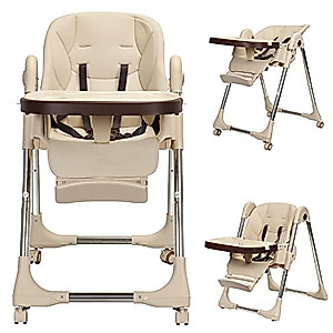 Foldable Highchair for Babies & Toddlers, Multiple Adjustable Backrest, Detachable PU Leather Cushion, Built-in Rear Wheels, PU Leather Cushion (Brown)